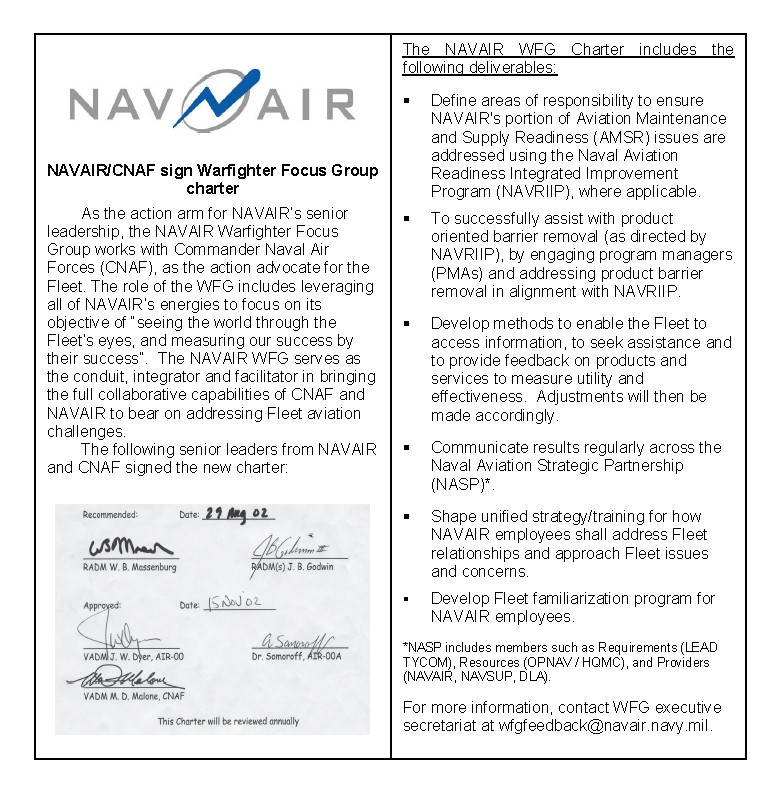 CNAF/NAVAIR sign Warfighter Focus Group charter | NAVAIR